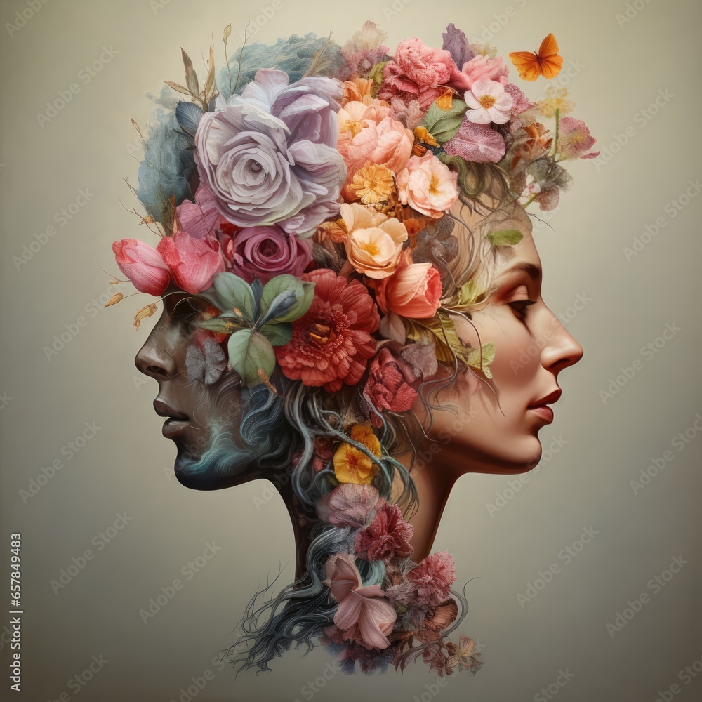 Mental health, happiness, harmony creative abstract concept. Happy and ...