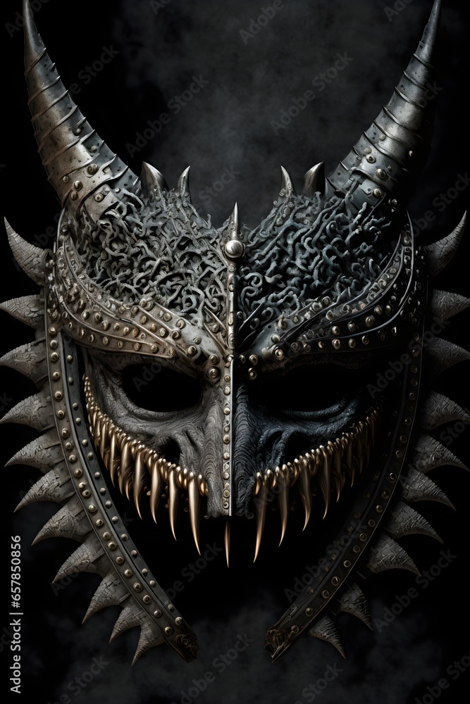 highly detailed photograph of a studded iron mask with teeth and wolf ...