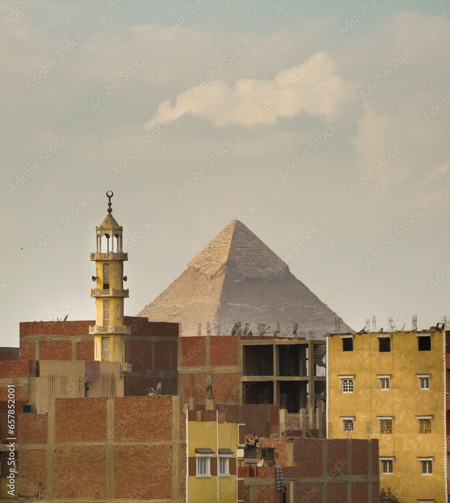 Mosque minaret and The Great Pyramid of Giza in Egypt; Giza, Egypt ...
