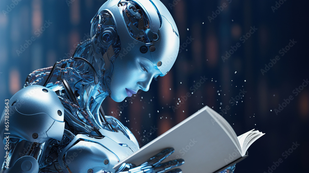 AI robot reading a book in the library. Machine learning, Innovation ...