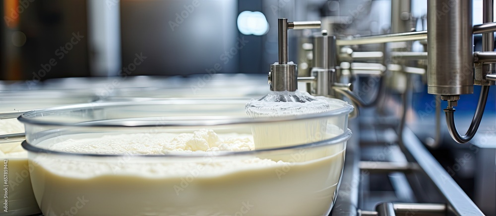 Modern dairy factory processes dairy products preparing milk for cheese ...
