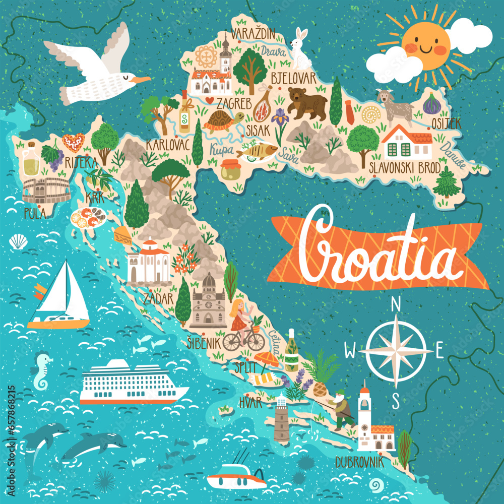 Vector stylized map of Croatia. Travel illustration with croatian ...