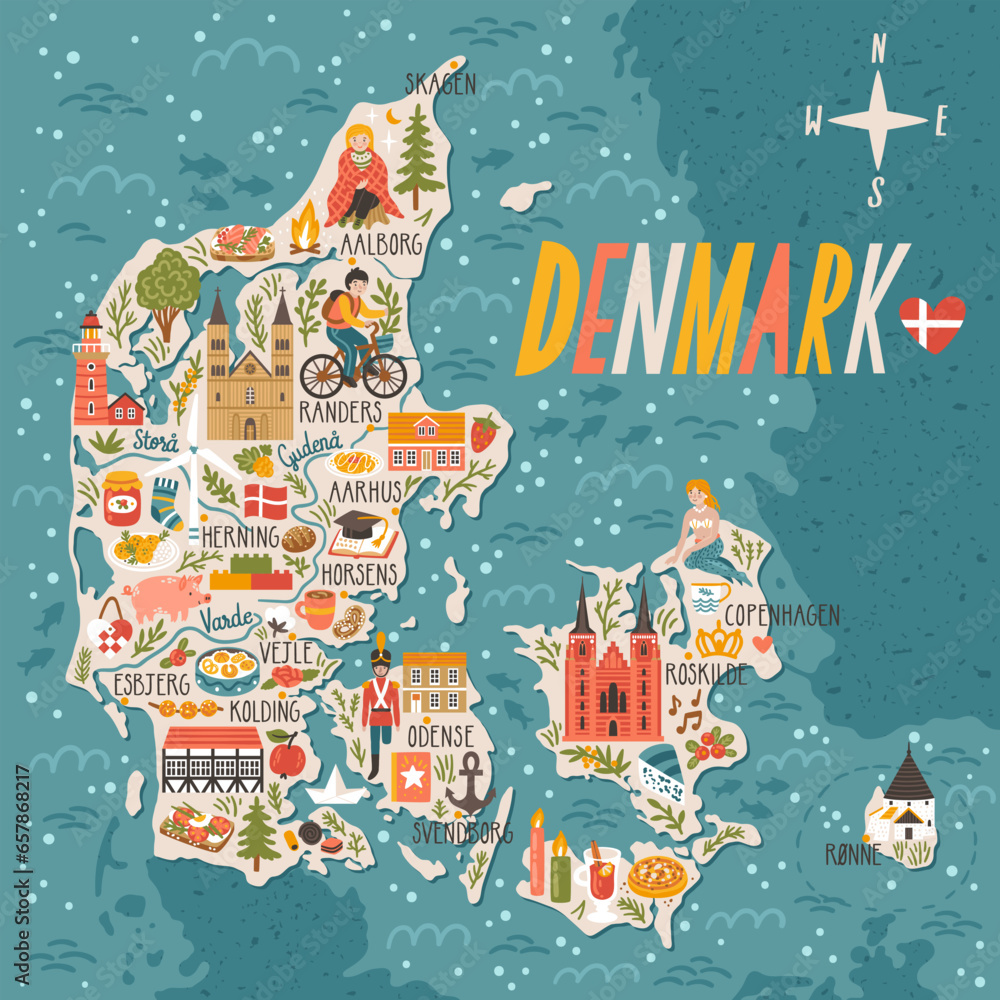 Vector stylized map of Denmark. Travel illustration with danish ...