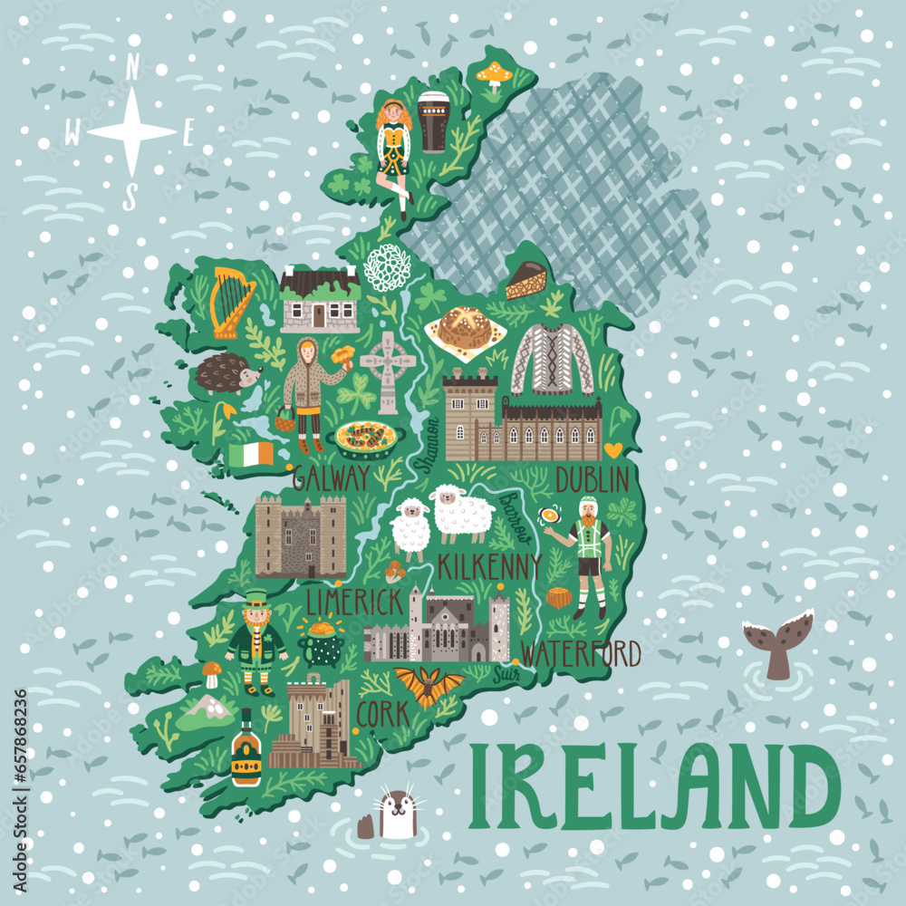 Vector stylized map of Ireland. Travel illustration with Irish castles ...