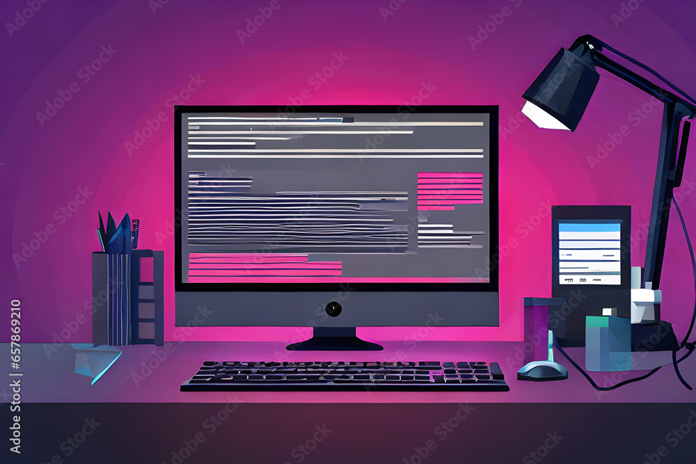PC computer set with table lamp in classic IT office workstation On ...
