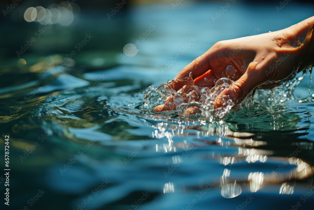 A person's hand reaching out to touch a rippling water surface ...