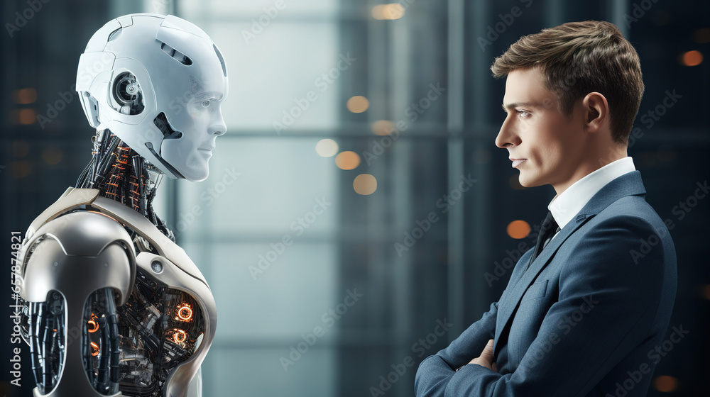 Man and humanoid robot looking at each other. Robot science. Futuristic ...