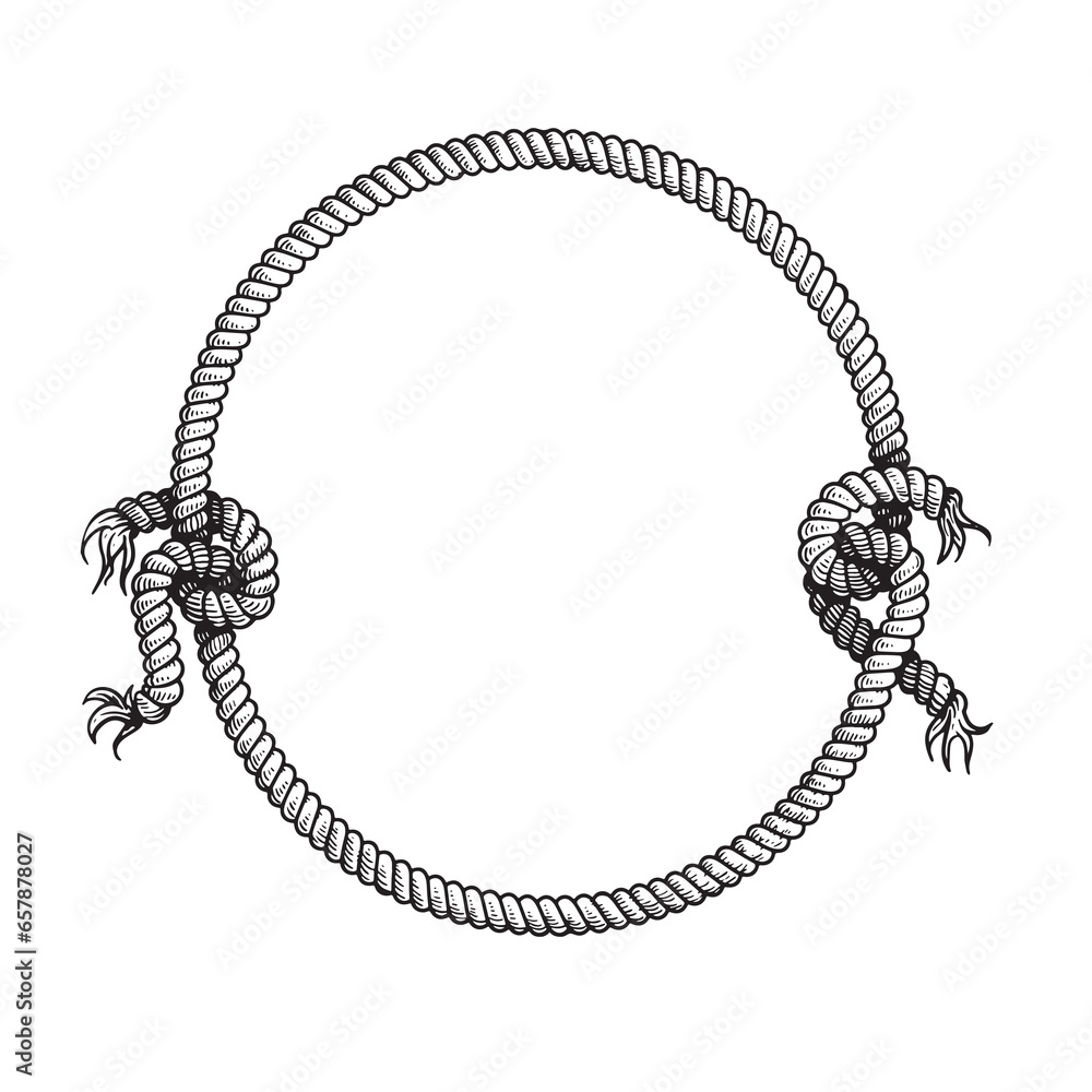 Hand drawn circle rope frame with free style nodes. Sketch nautical ...