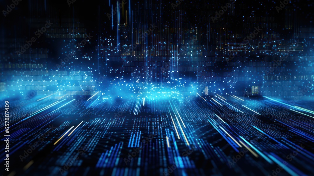 IT technology background with cascading lines of code and algorithms, showcasing the core of ...