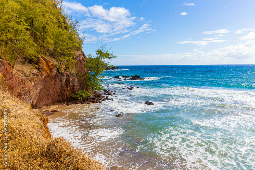 Elevated View of The Red Sand Of Koki Beach and Ka iwi o Pele , Koki ...