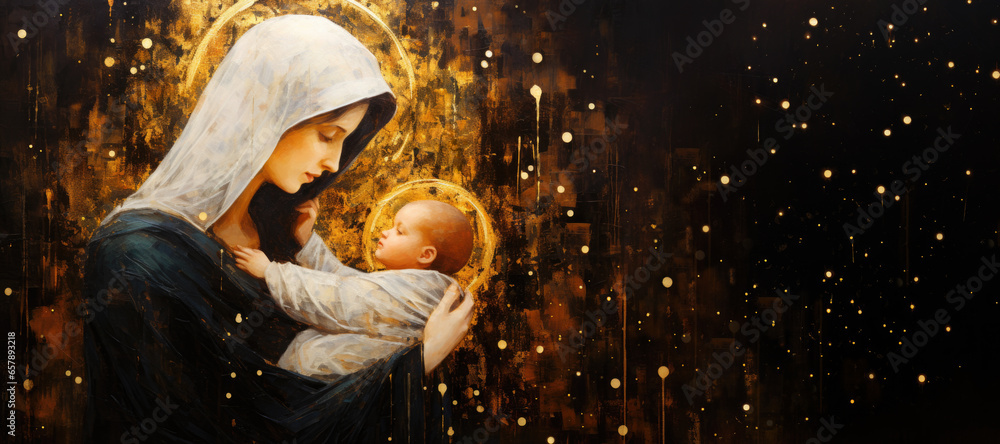 Mary with Baby Jesus Painting with Golden Lights and Sparkles on Black ...