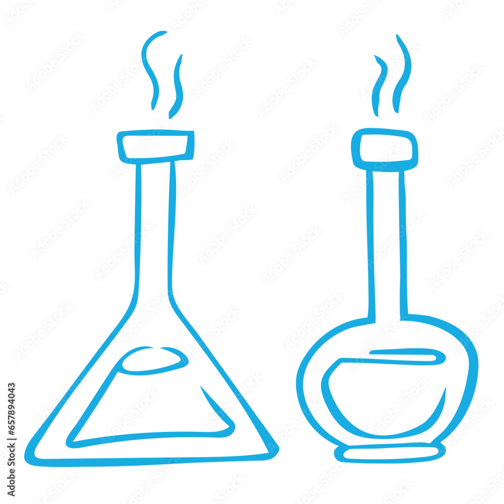 Chemical conical flask and round flask in style outline drawing on ...