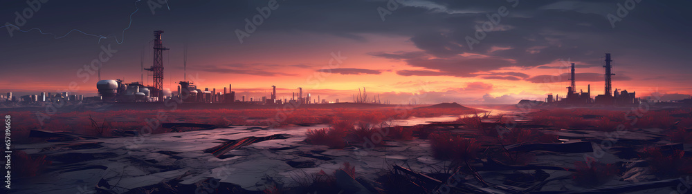 An expansive, ultra-wide landscape unveils a desolate, post-apocalyptic ...
