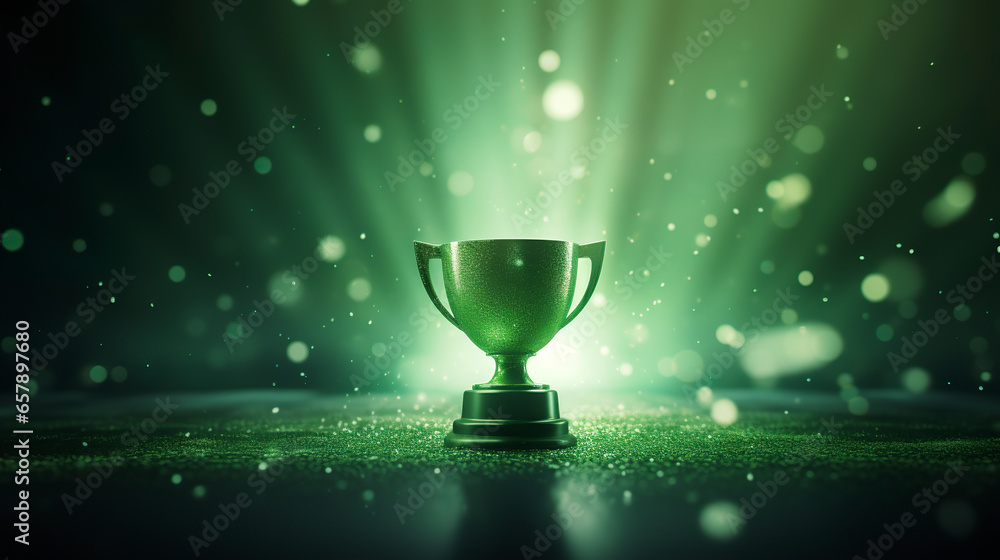 A shiny trophy on a radiant green background. Trophy a glorious symbol ...