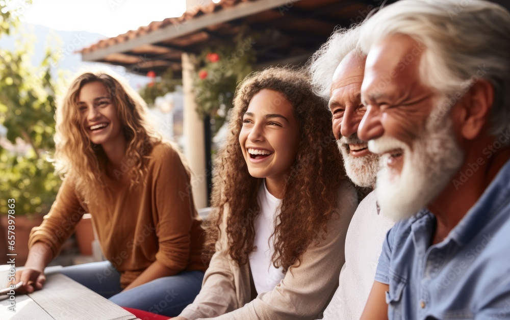 Happy multi generational family having party on a patio in summer day ...