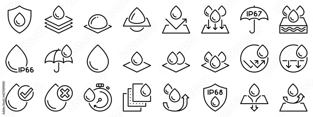 Icon set about waterproof and absorbency. Line icons on transparent ...