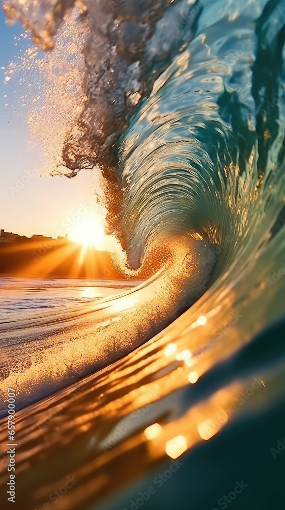 Seascape in evening sunset light. Ocean wave rolling and falling down ...