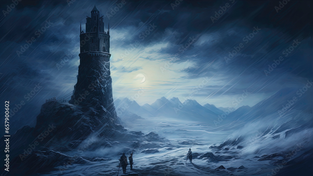 Ancient frozen tower, winter mountain fantasy landscape. Generation AI ...
