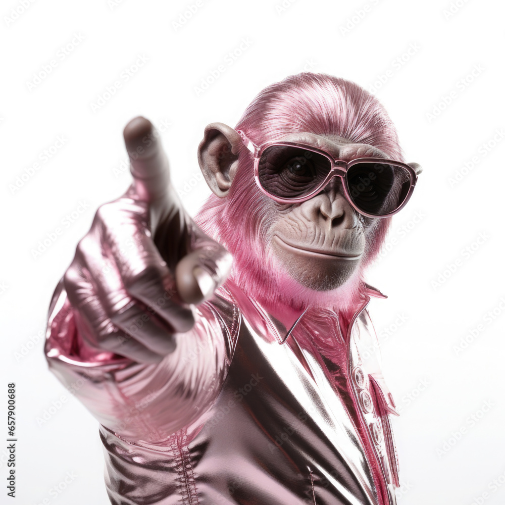 cool trendy ape in pink glitter fashion and sunglasses pointing with ...