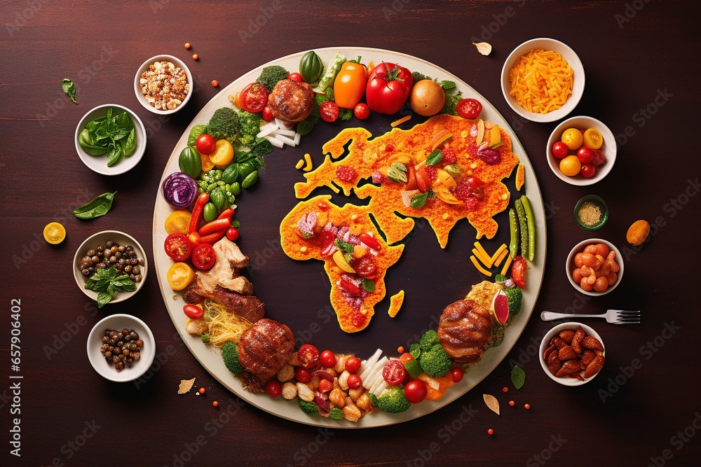 Diverse range of global cuisines. Top view of world map made of food ...