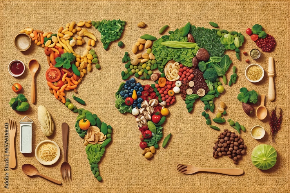 Diverse range of global cuisines. Top view of world map made of food ... Diverse range of global cuisines. Top view of world map made of food ...