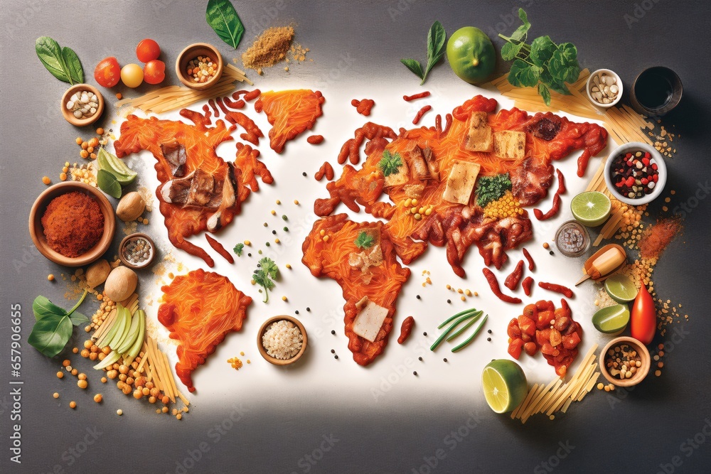 Diverse range of global cuisines. Top view of world map made of food ... Diverse range of global cuisines. Top view of world map made of food ...
