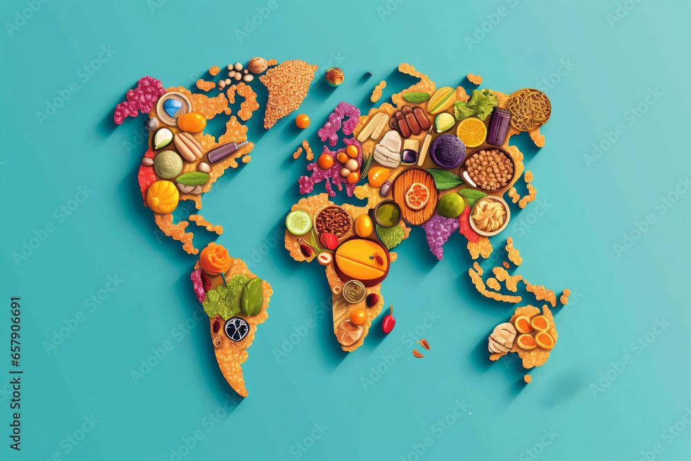 Diverse range of global cuisines. Top view of world map made of food ...