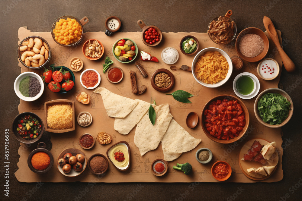 Diverse range of global cuisines. Top view of food ingredients and ... Diverse range of global cuisines. Top view of food ingredients and ...