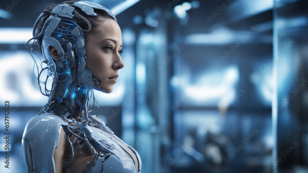 Young female detailed cyborg with mechanisms and wires in head against ...