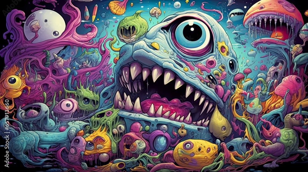 beautiful monsters in a trippy world - generative ai Stock Illustration ...
