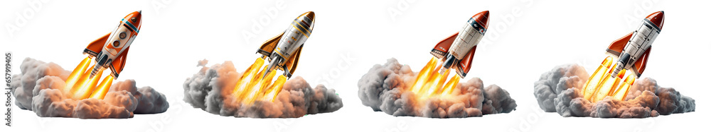 Set of Rocket Ships Launching Into Space Isolated on Transparent ...