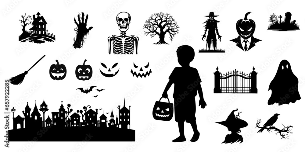 Set of black Halloween silhouettes, icons, and characters in vector ...