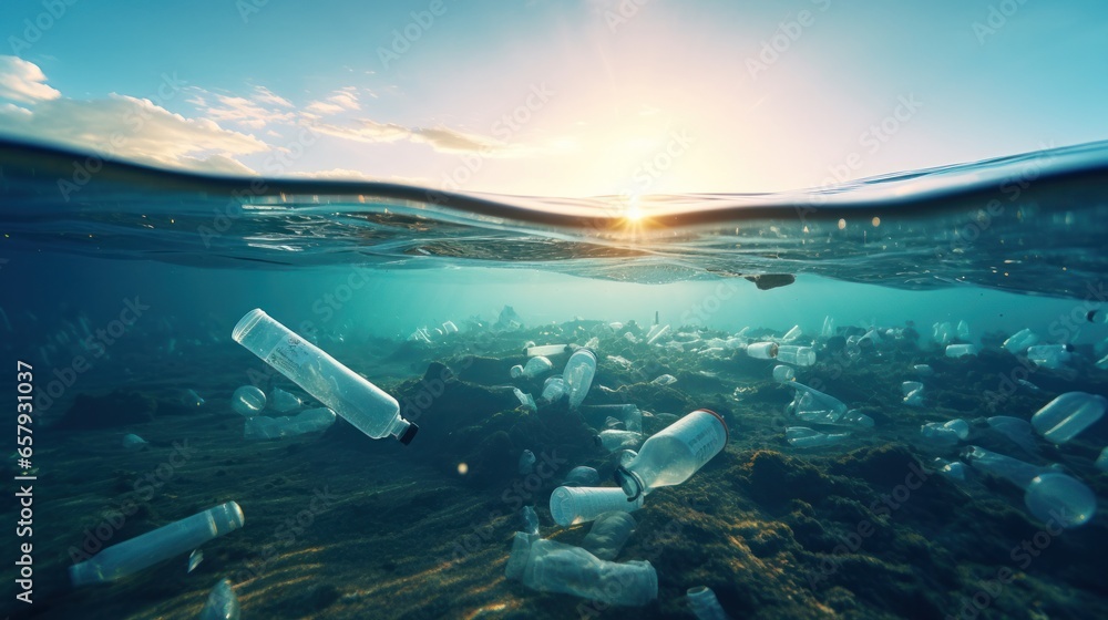 Save ocean. trash garbage at the beach and plastic bottles are ...