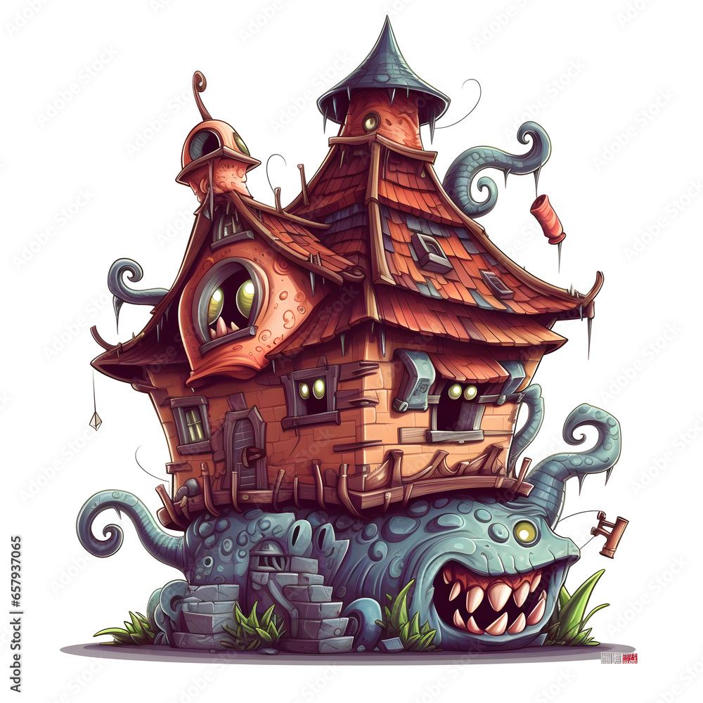 hut monster, house with eyes and teeth for Halloween on a white ...