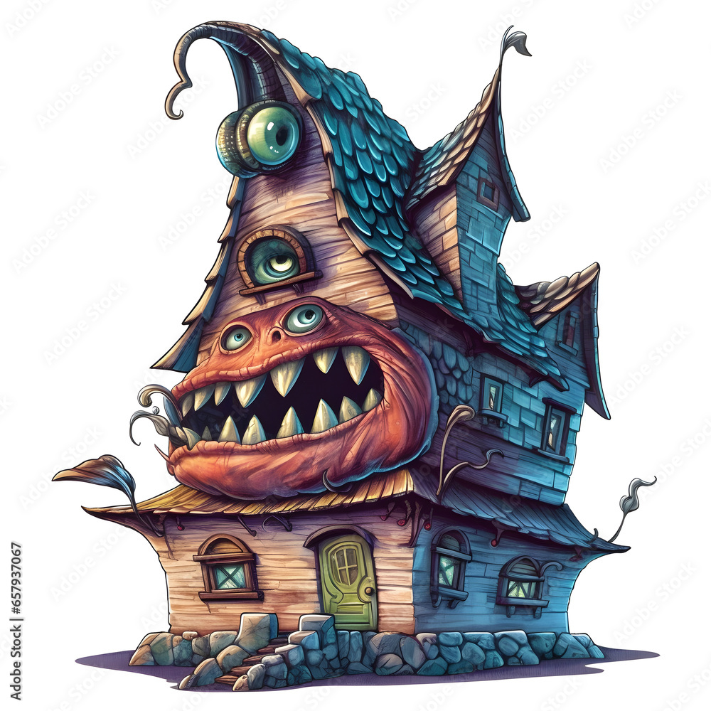 hut monster, house with eyes and teeth for Halloween on a white ...