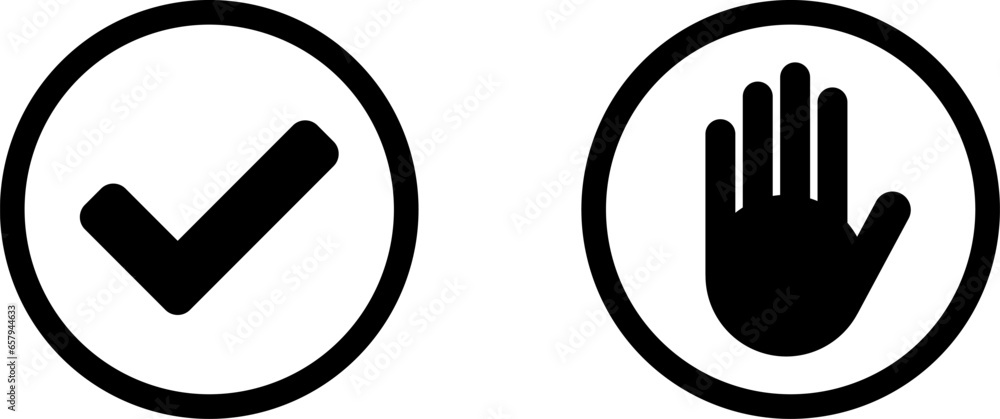 Yes No or OK Stop Black and White Round Circle Badge Icon Set with Tick ...