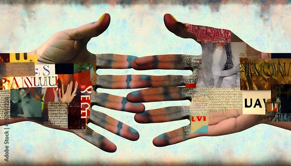 words forming hands holding hands with AI collage art Stock ...