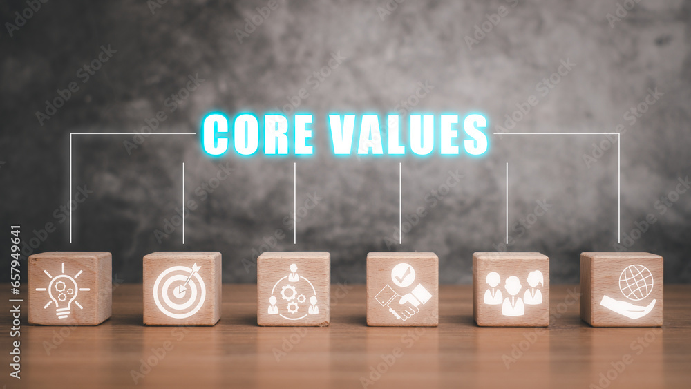 Core values concept, Wooden block on desk with core values icon on ...