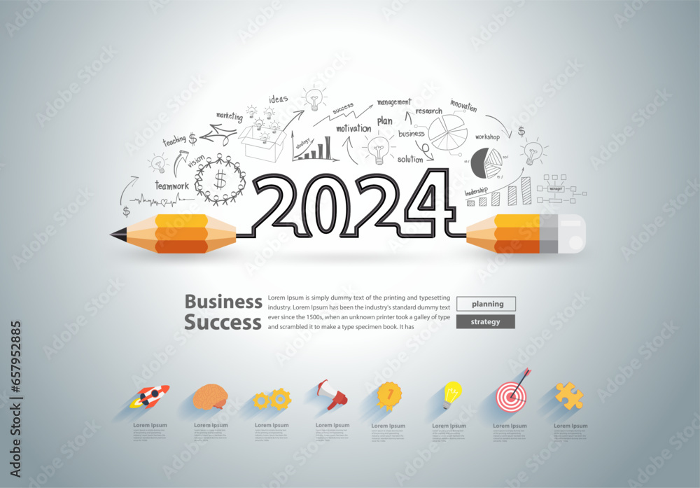 2024 New year with creative pencil design on drawing charts graphs ...