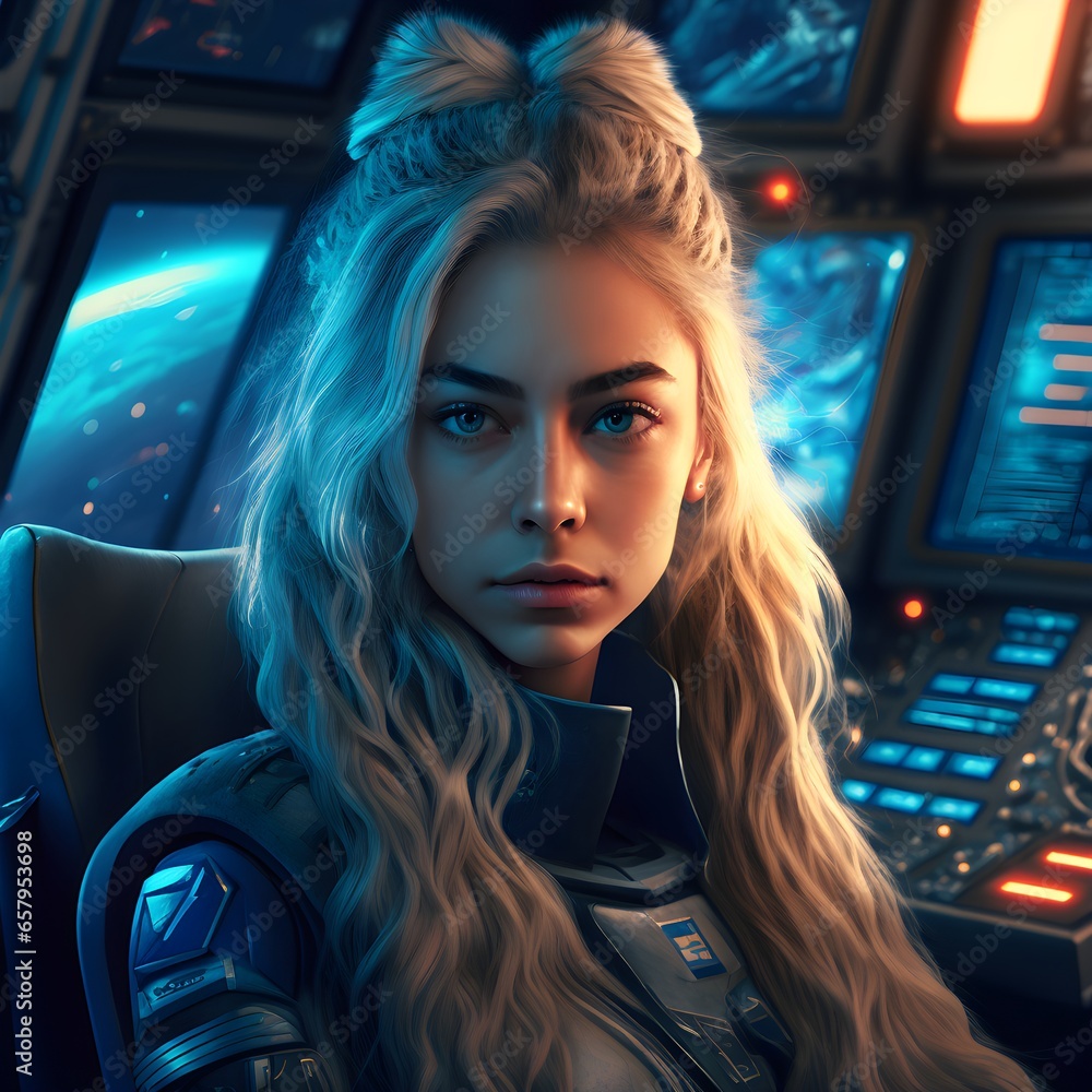 stunningly beautiful 20 year old female spaceship captain long flowing ...