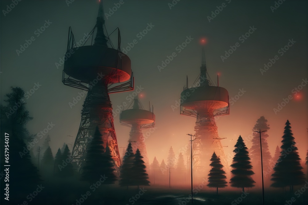 dark forest horizon with dystopian style communication towers and radar ...