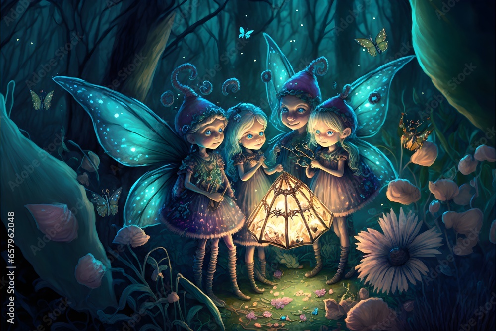 family of fairies in a magical night garden childrens book illustration ...
