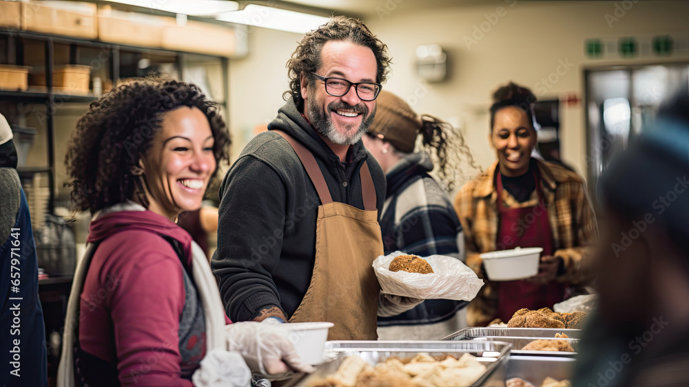 Group of friends enjoying a food bar in the canteen background ...