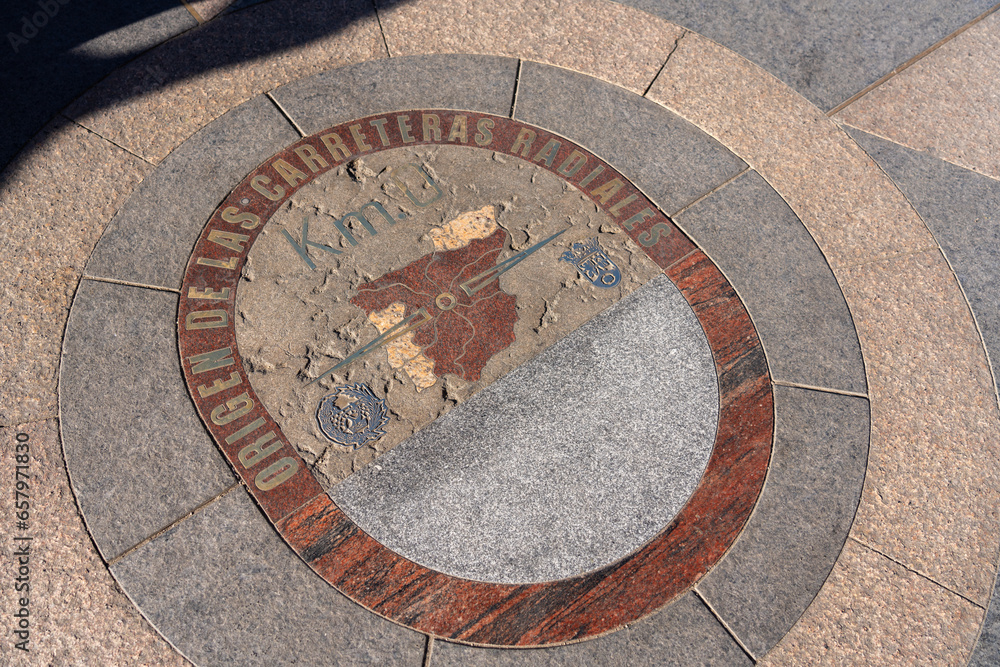 Plaque on the sidewalk marking kilometer zero of the national highways ...