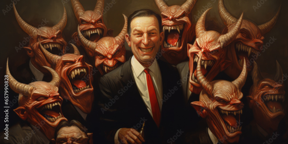 Bunch of greedy evil politics with devil like eyes and horns laughing ...