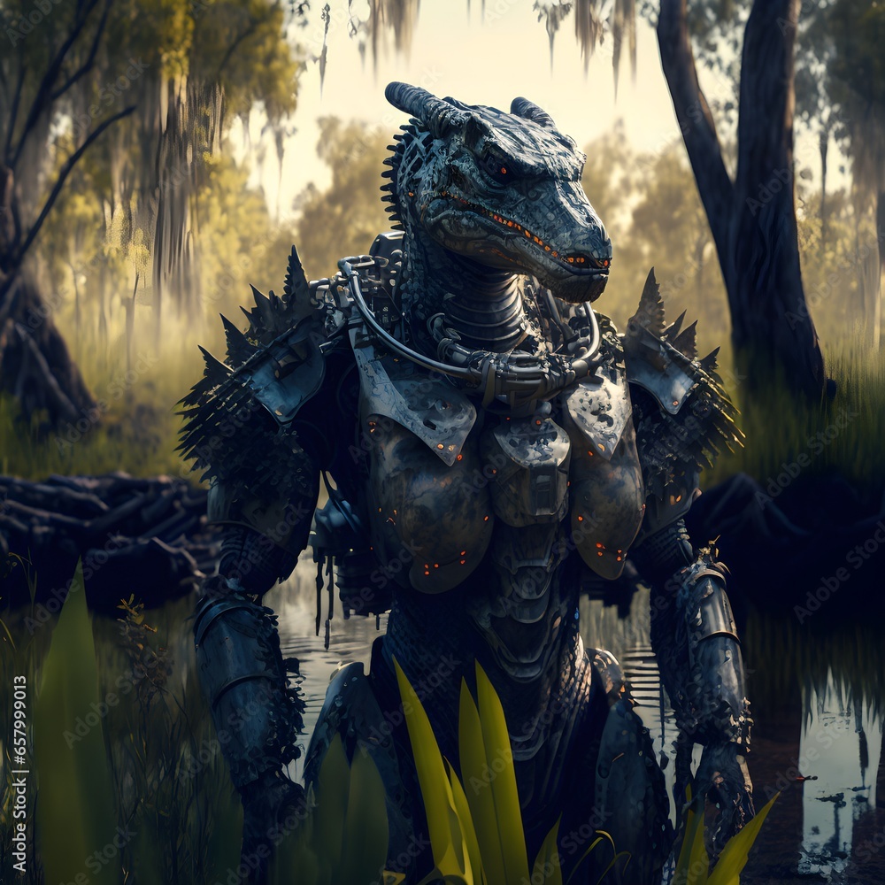 an alligator warrior wearing camouflaged armor in a bayou science ...