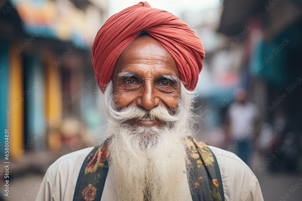 Happy old sikh indian man in pagri headwear portrait walking on street ...