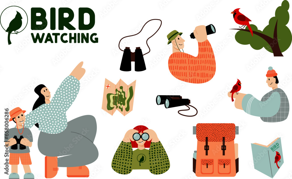 Bird watching set. Ornithology equipment: binoculars, backpack, map ...