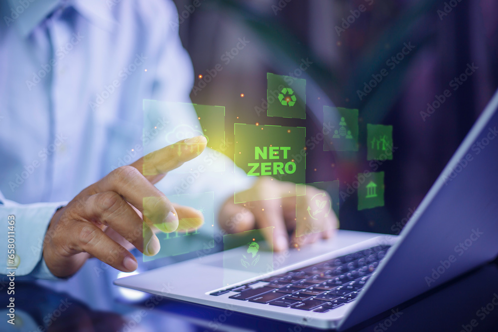 Net zero icon on businessman hand. Net zero for environmental, social ...