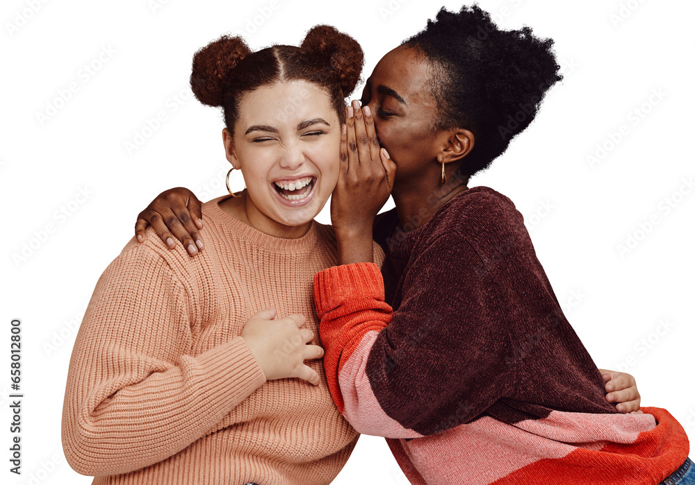 Gossip, friends and women laughing together at secret joke on png ...